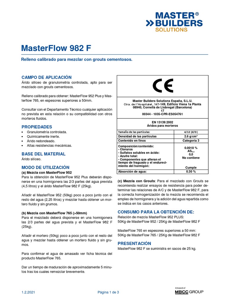 MasterFlow 982 F | PDF | Agua | Hormigón