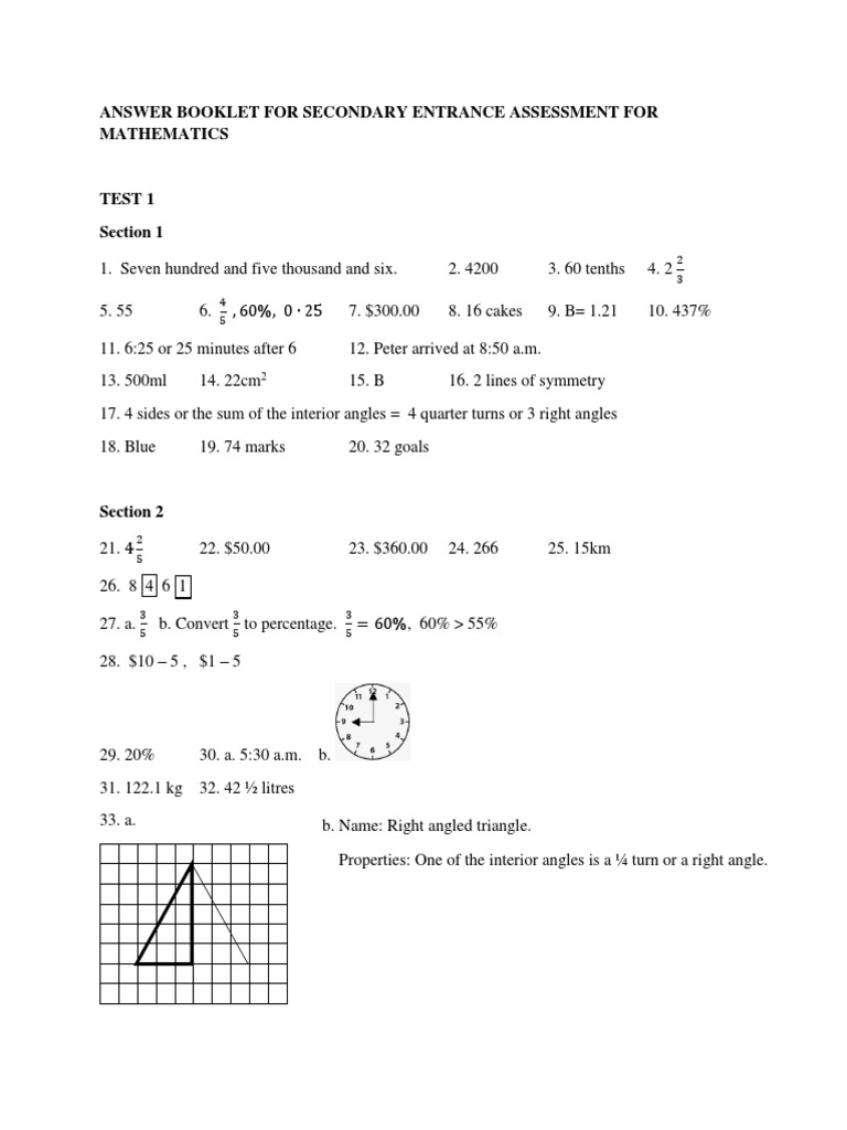 Answer Booklet for Secondary Entrance Assessment for Mathematics | PDF ...