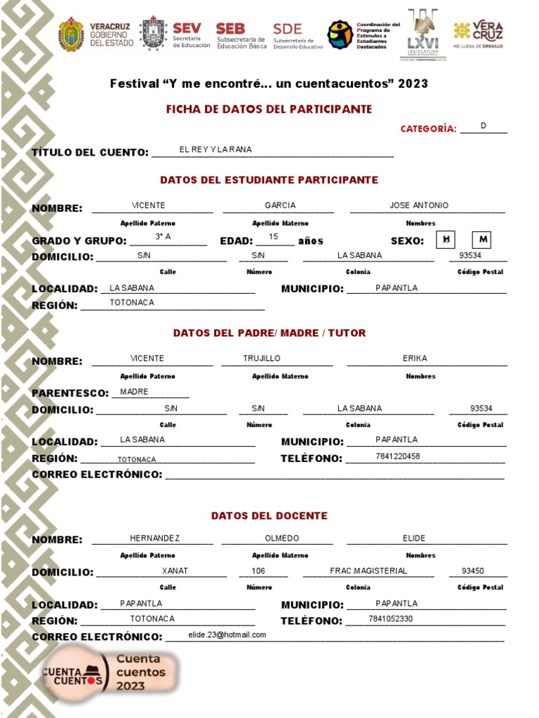 Ficha de Datos Del Participante Cuenta Cuentos | PDF