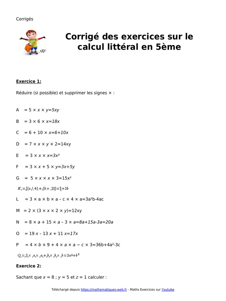 5.corrige Des Exercices Sur Le Calcul Litteral en 5eme | PDF