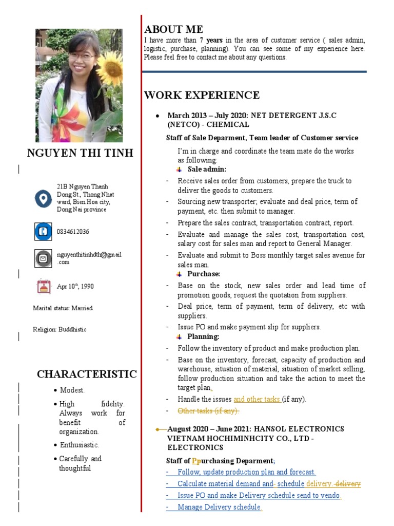 CV Nguyen Thi Tinh - Eng | PDF | Sales | Business CV Nguyen Thi Tinh - Eng | PDF | Sales | Business