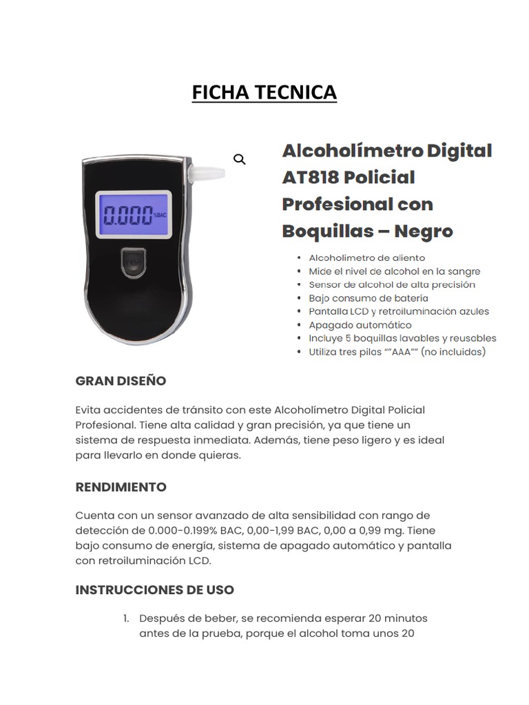 FICHA TECNICA Alcoholimetro | PDF
