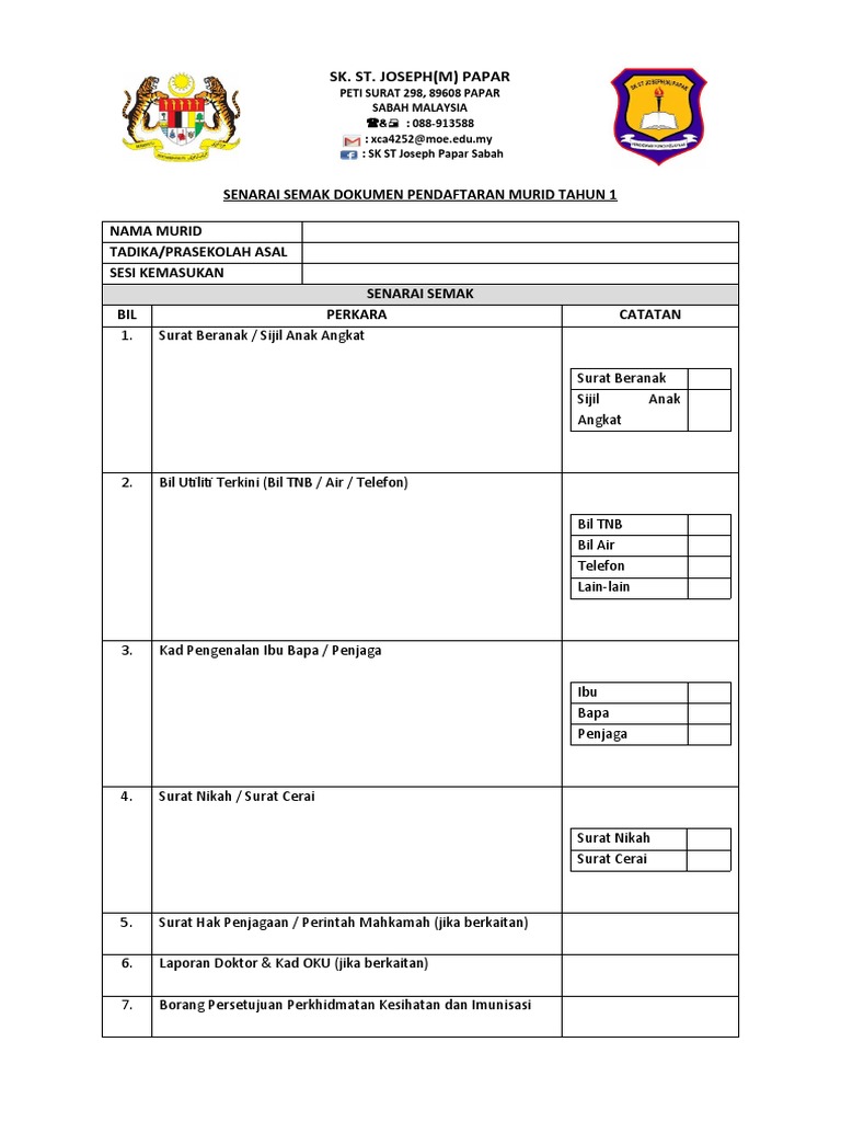 Borang Senarai Semak Dokumen Pendaftaran Tahun 1 | PDF