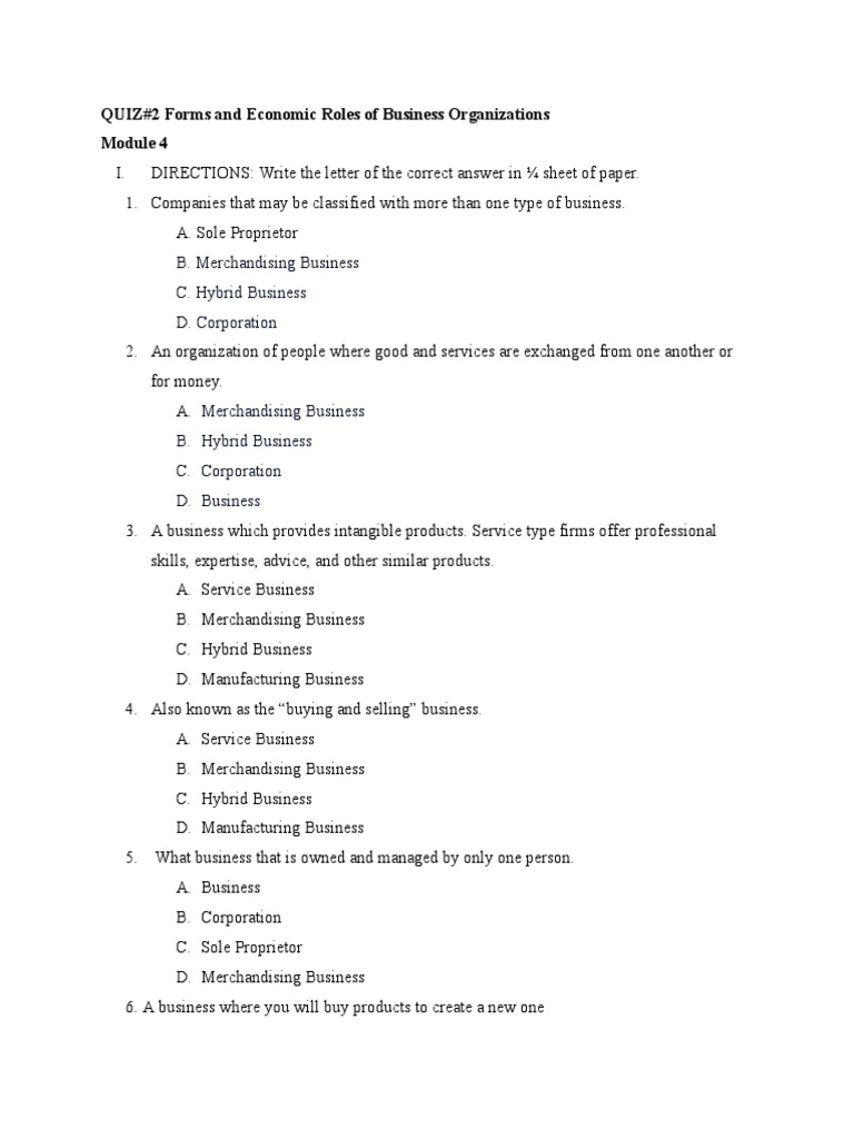 Business Organization Types Quiz | PDF | Corporations | Ownership