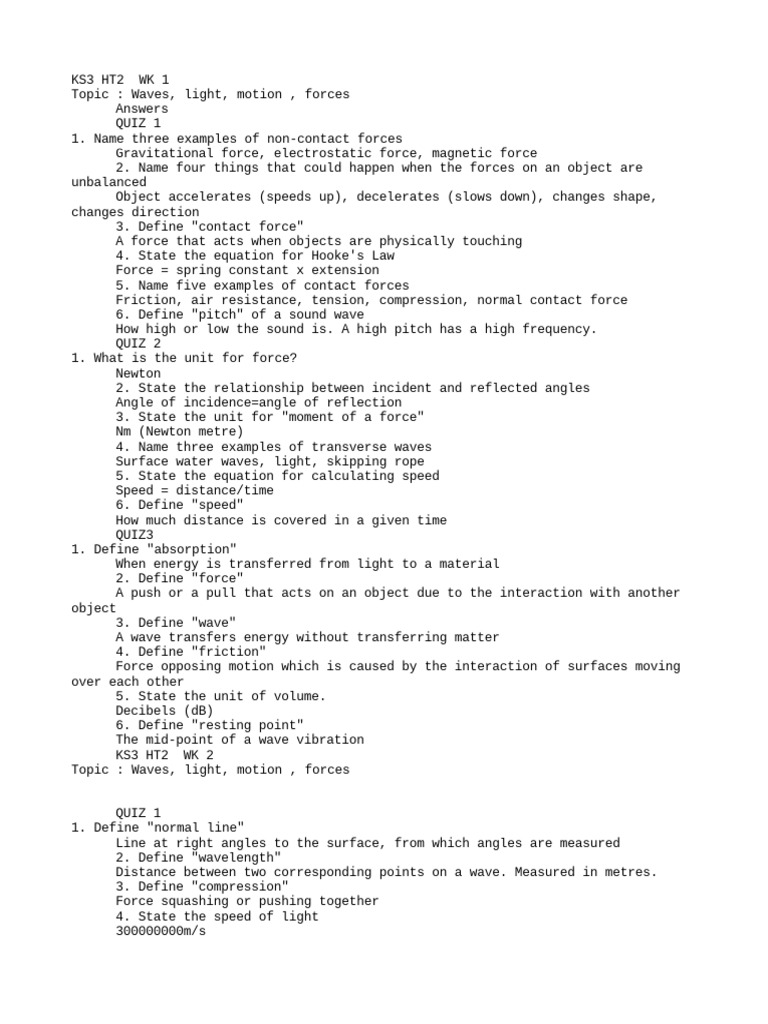 Science Questions and Answers KS3 | PDF | Force | Waves