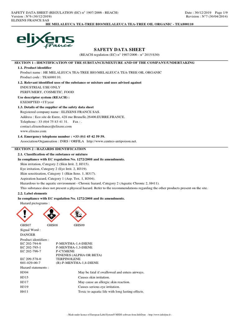 MSDS He Melaleuca Tea-Tree Bio | PDF