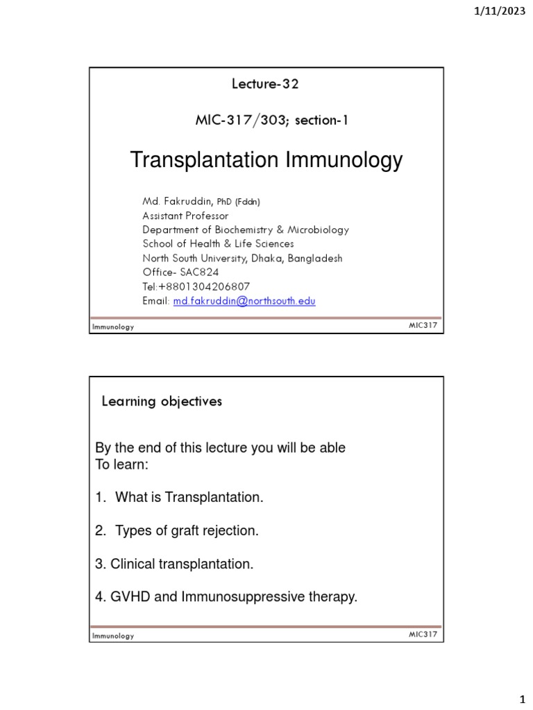 Immunology-Lecture 32-NSU-organ Transplantation | PDF | Transplant Rejection | T Cell