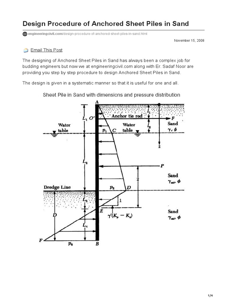 Design Procedure of Anchored Sheet Piles in Sand | PDF