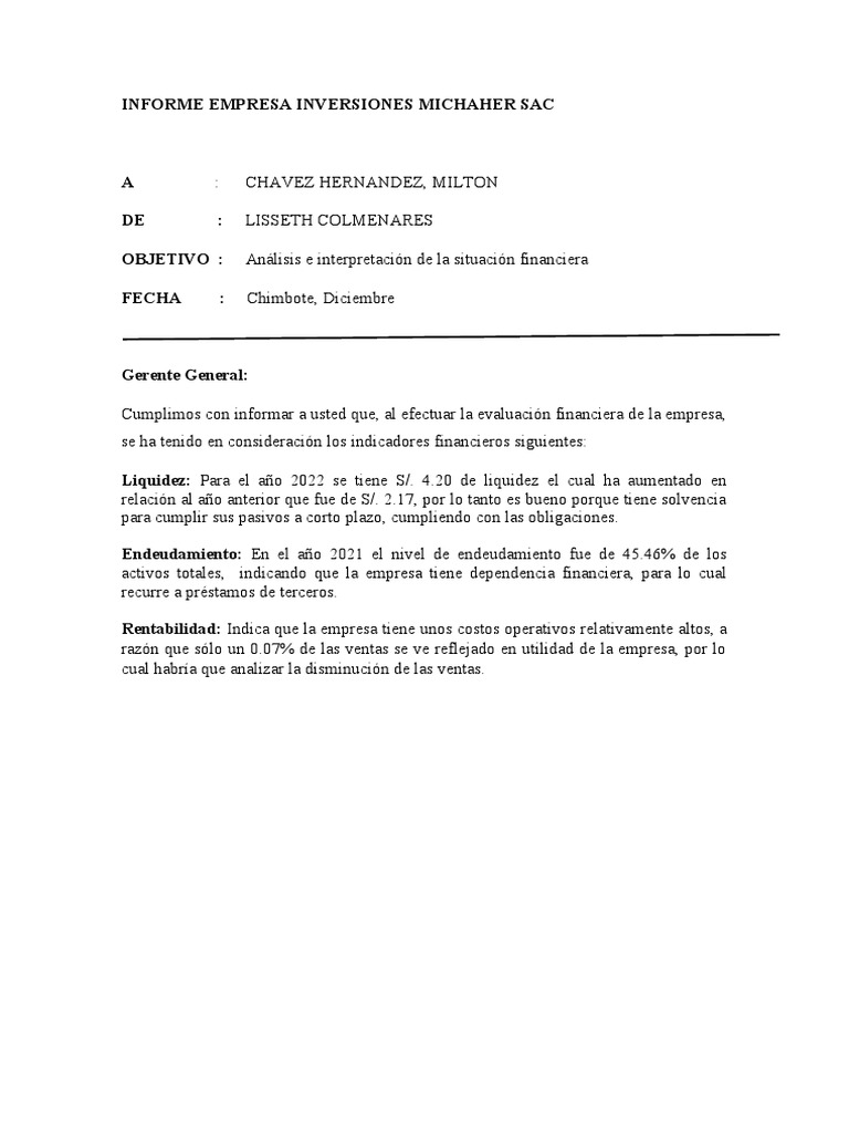 Informe Empresa Inversiones Michaher Sac | PDF