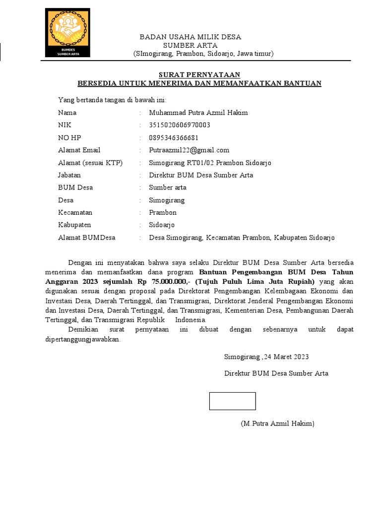 Surat Pernyataan Bersedia Untuk Menerima Dan Memanfaatkan Bantuan | PDF