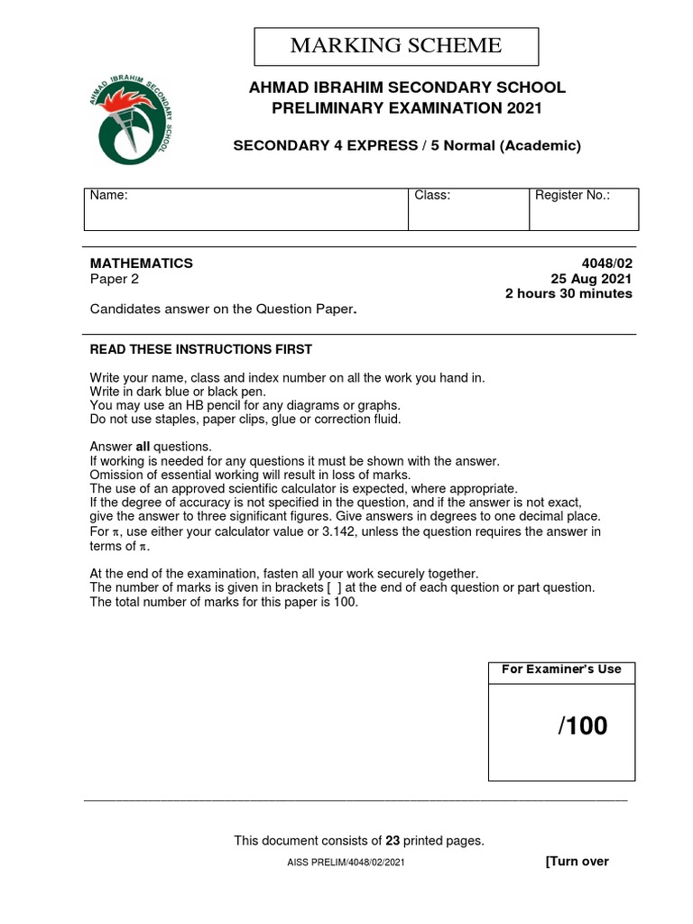 2021 4e5n Prelim em p2 Ms | PDF | Area | Sphere