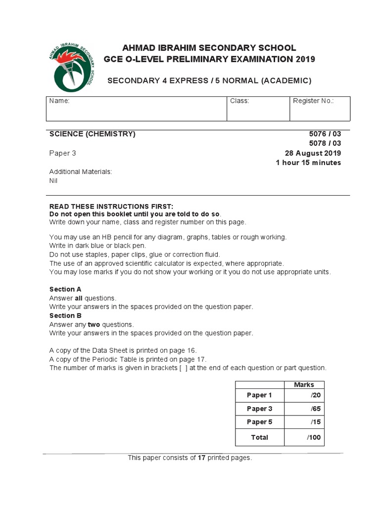 2019 Sec 4 Science Chemistry SA2 Ahmad Ibrahim Secondary | PDF | Salt ...