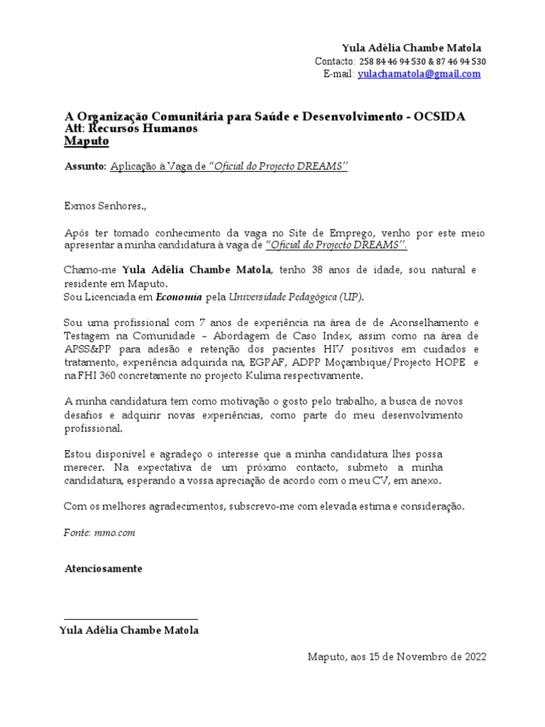 Carta de Apresentação- Organização Comunitária Para Saúde e ...