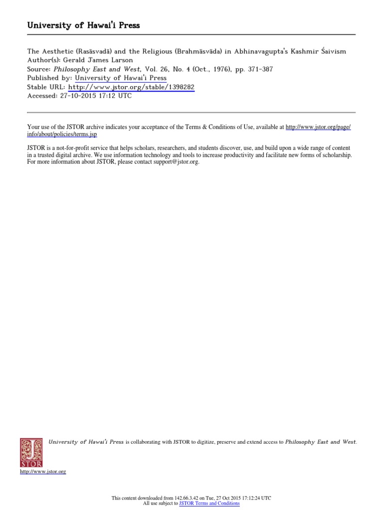 The Aesthetic and The Religious Rasasvada and Brahma Svada and Kashmir ...