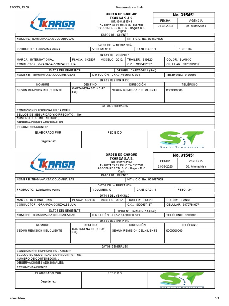 Orden de Cargue | PDF