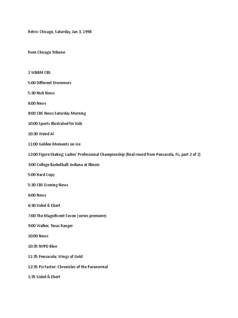 Chicago TV Schedule - Jan 3, 1998 | PDF | Nbc | Cbs