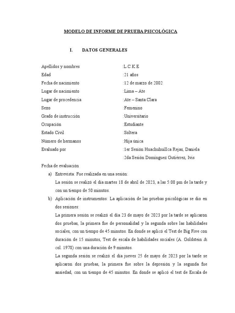 Modelo de Informe de Pruebas (PORTAFOLIO 1) | Descargar gratis PDF | Depresión (estado de ánimo ...