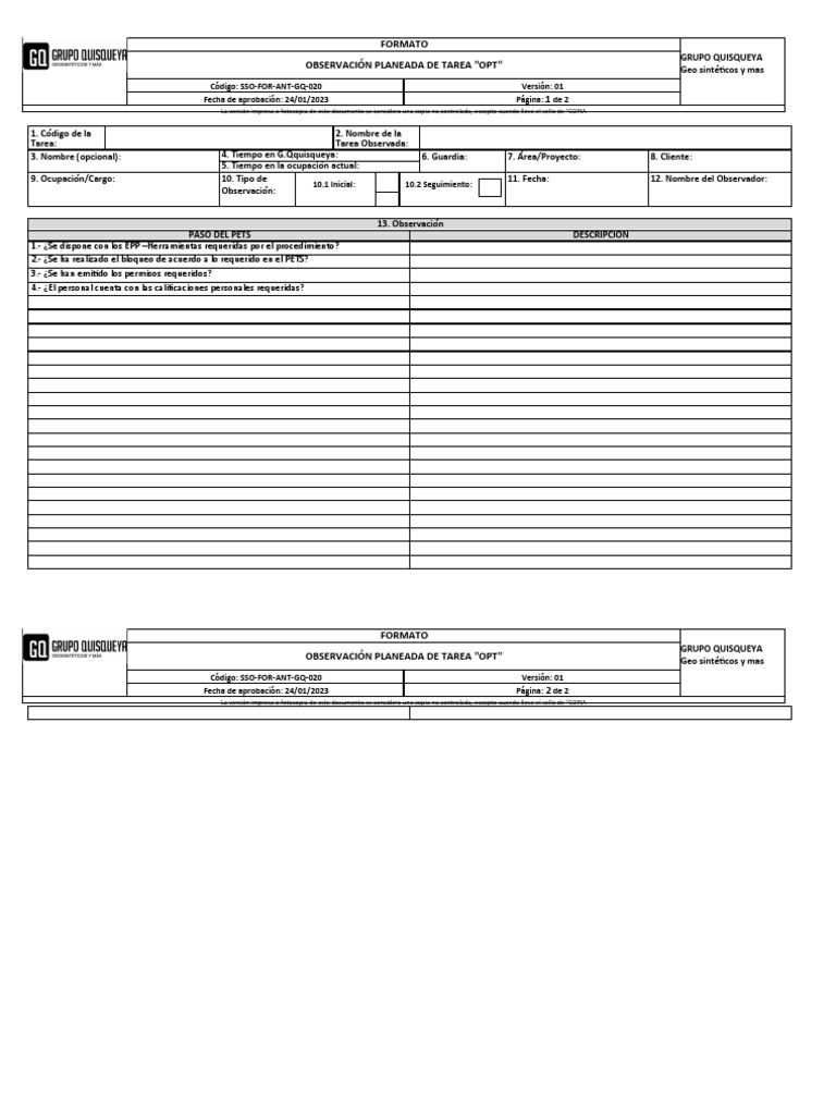 Formato Observación Planeada de Tarea "Opt" | PDF