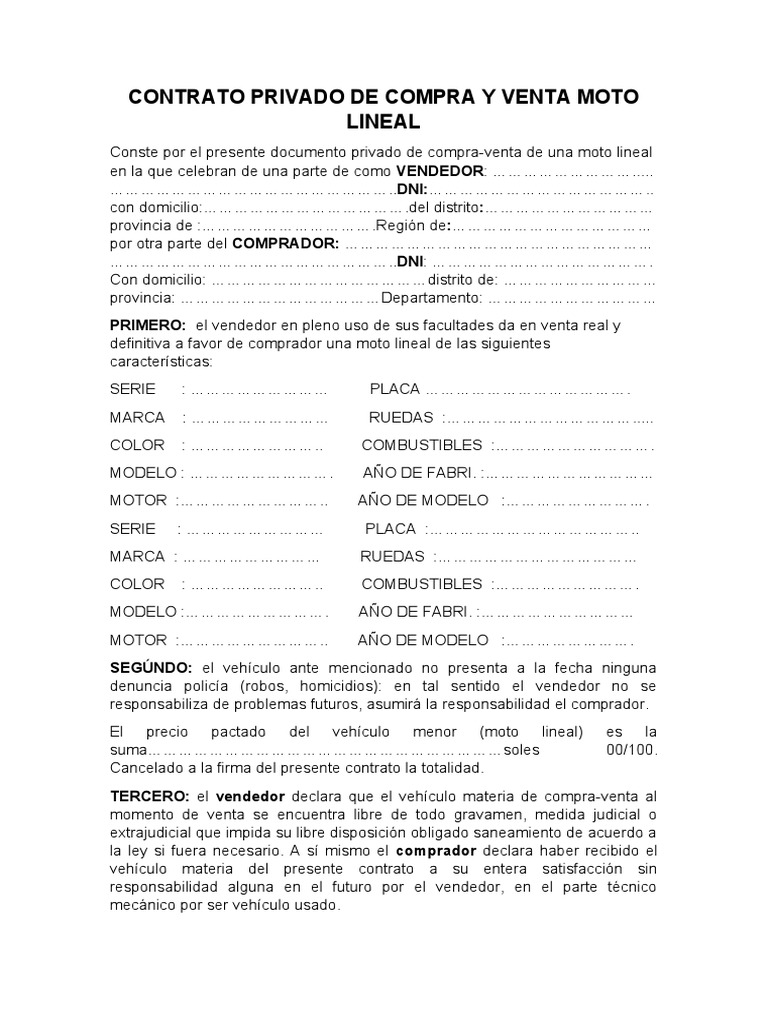 Contrato Privado de Compra y Venta Moto Lineal | PDF
