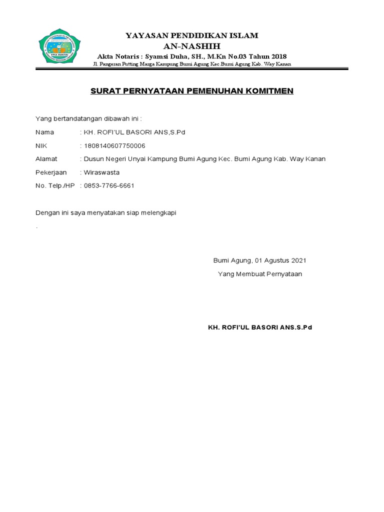 Surat Pernyataan Pemenuhan Komitmen | PDF