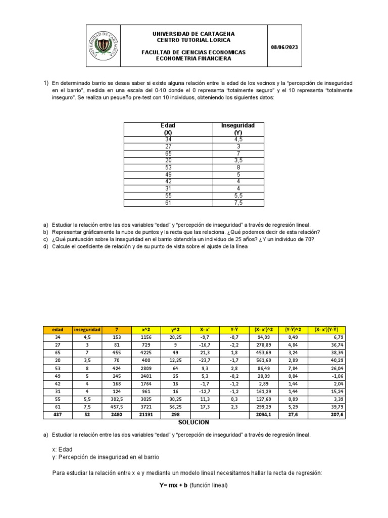 Actividad Ejercicio de Regresion Lineal Simple | PDF
