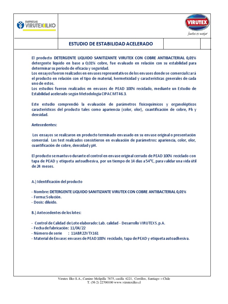 Documento 10. Estudio de Estabilidad Detergente Liquido Virutex Sanitizante Final | PDF ...