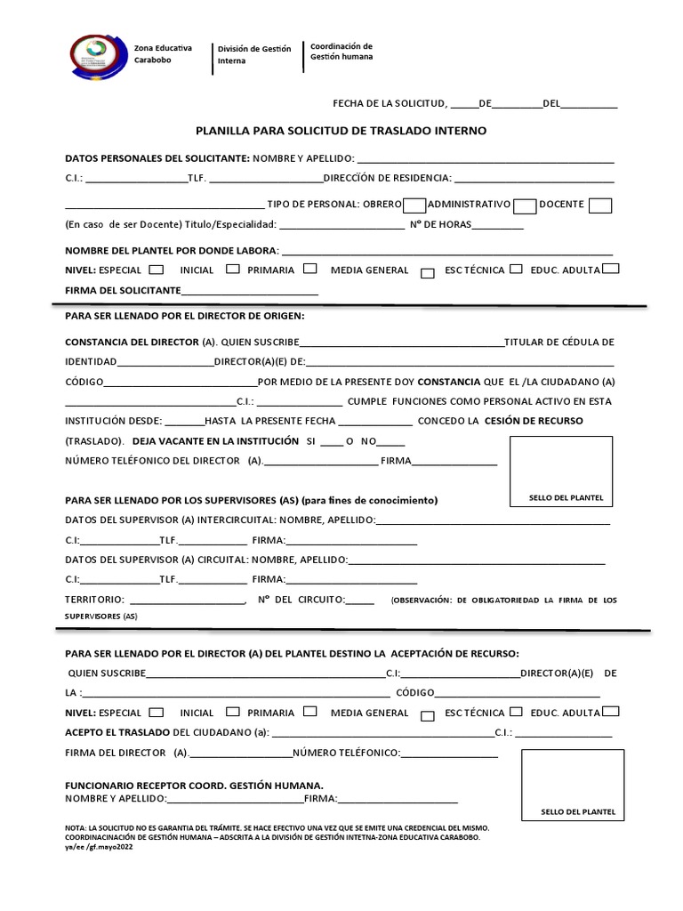 Nueva Planilla para Solicitud de Traslado Interno | PDF