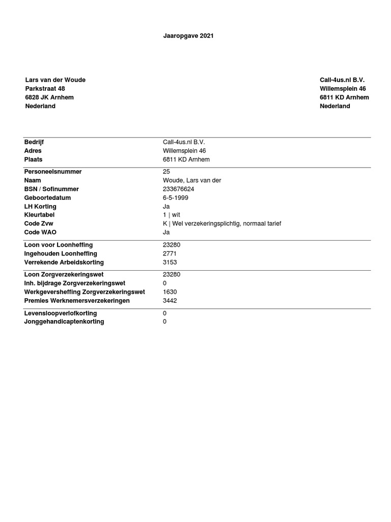 2021 Jaaropgave Call-4us Lars | PDF