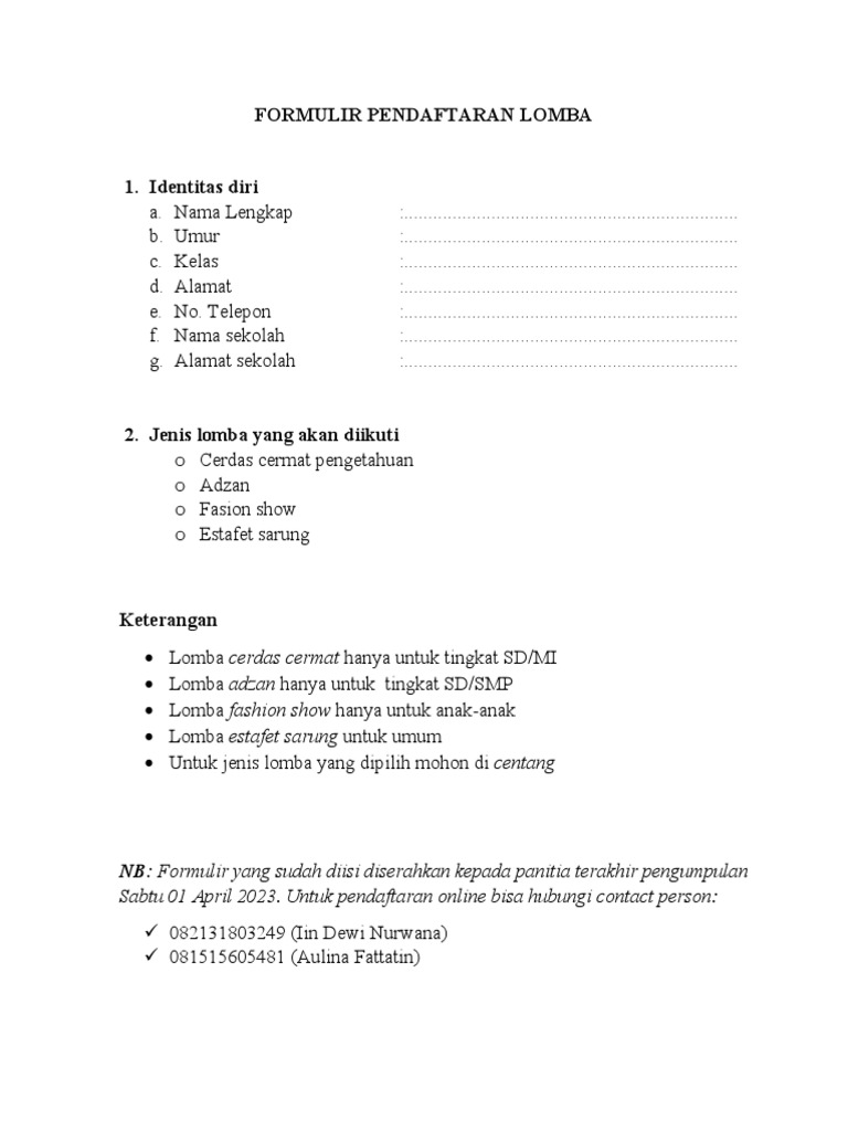 Formulir Pendaftaran Lomba | PDF