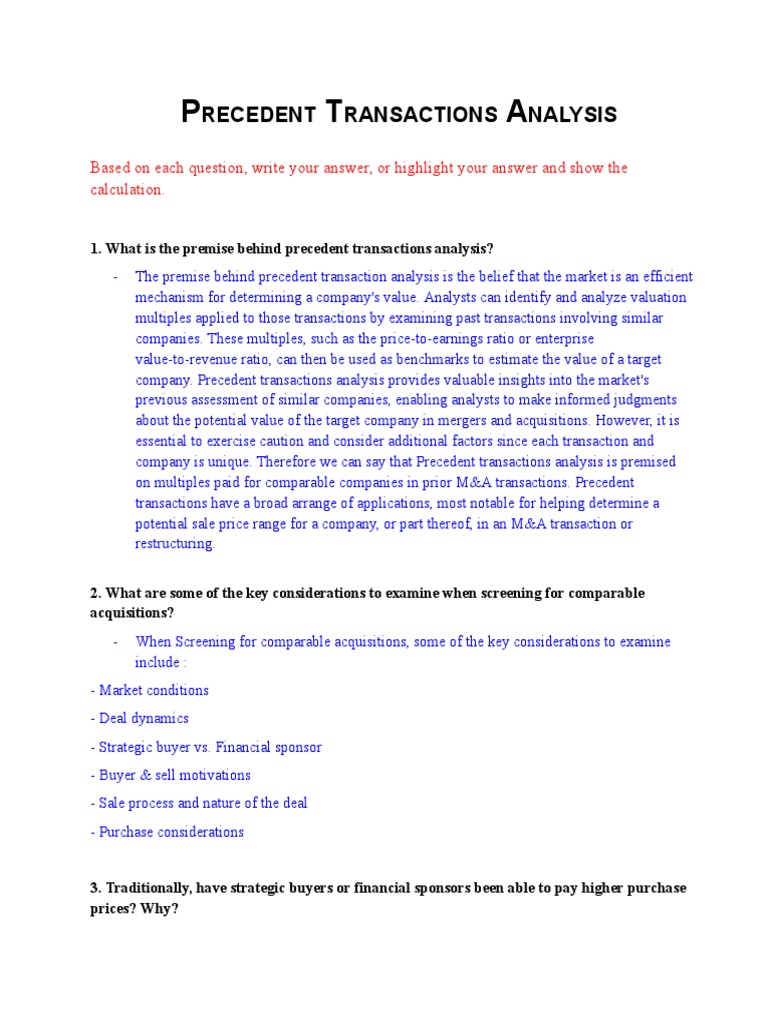 Precedent Transaction Homework Assignment 2 Download Free PDF