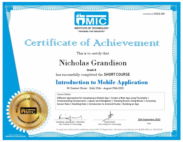 Nicholas Grandison Mobile App Development Certificate | PDF