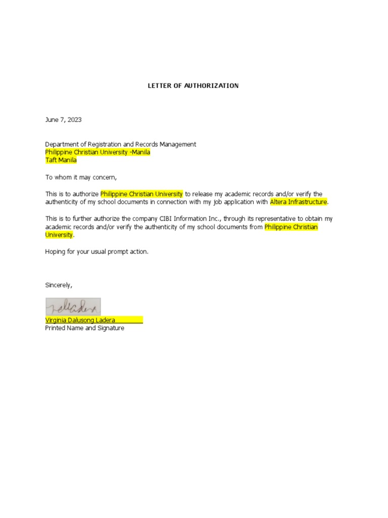 Letter of Authorization | PDF
