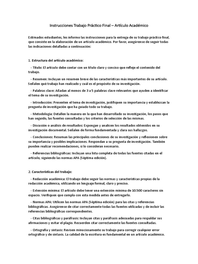 Instrucciones Trabajo Práctico Final - Artículo Académico | PDF