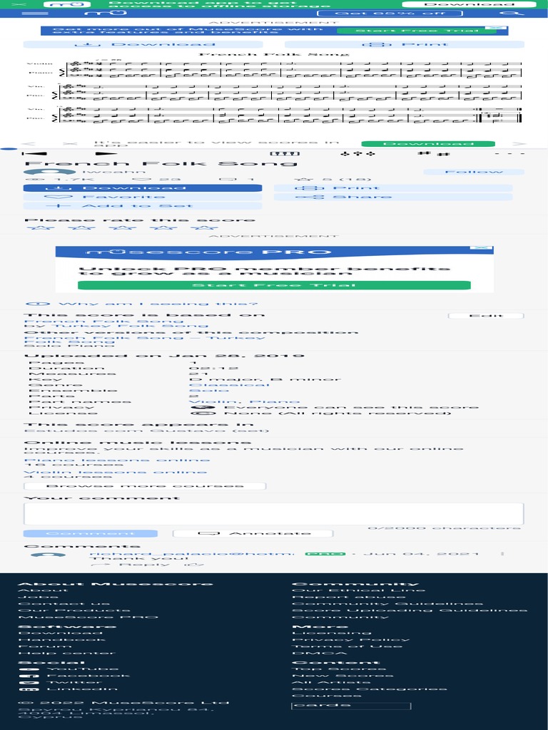 French Folk Song Sheet Music For Piano, Violin (Solo) | PDF