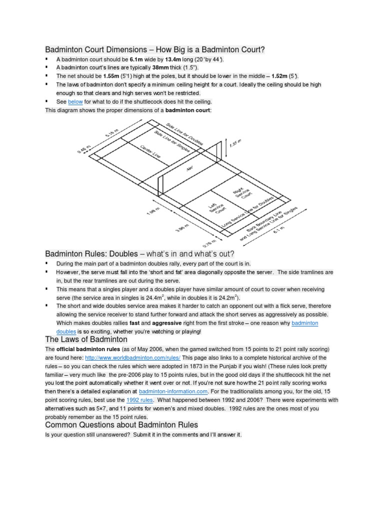 Badminton Court Dimensions Explained | PDF | Leisure | Sports