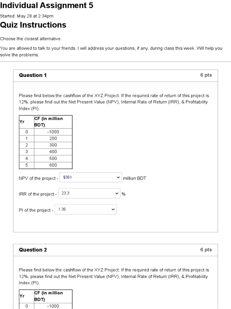 Quiz - Individual Assignment 5 Fuad | PDF | Cost Of Capital | Internal Rate Of Return