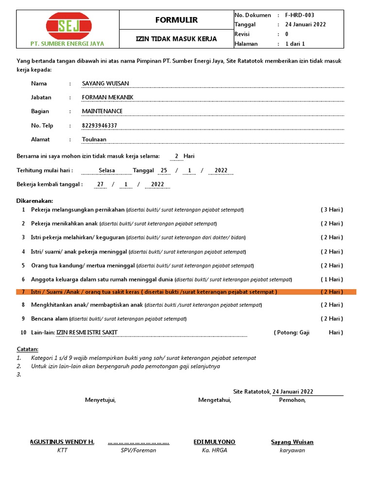 F-HRD-003 Form Izin Tidak Masuk Kerja | PDF