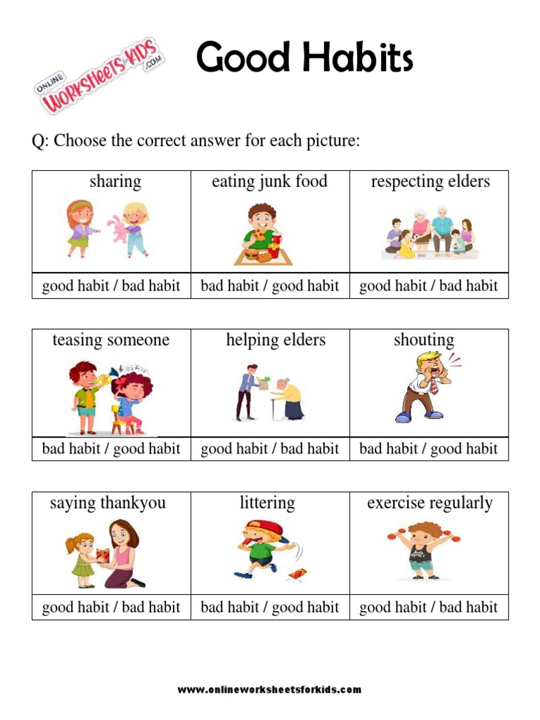 Good Habits Vs Bad Habits Worksheet For Grade 1-8 | PDF