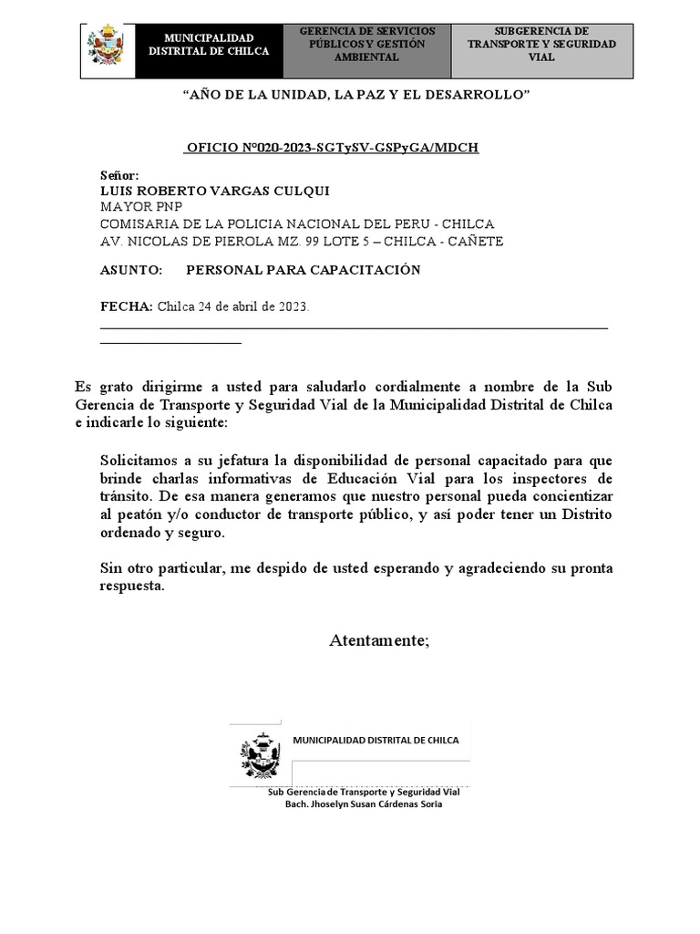 OFICIO - N°020-2023-SGTySV - PNP | PDF