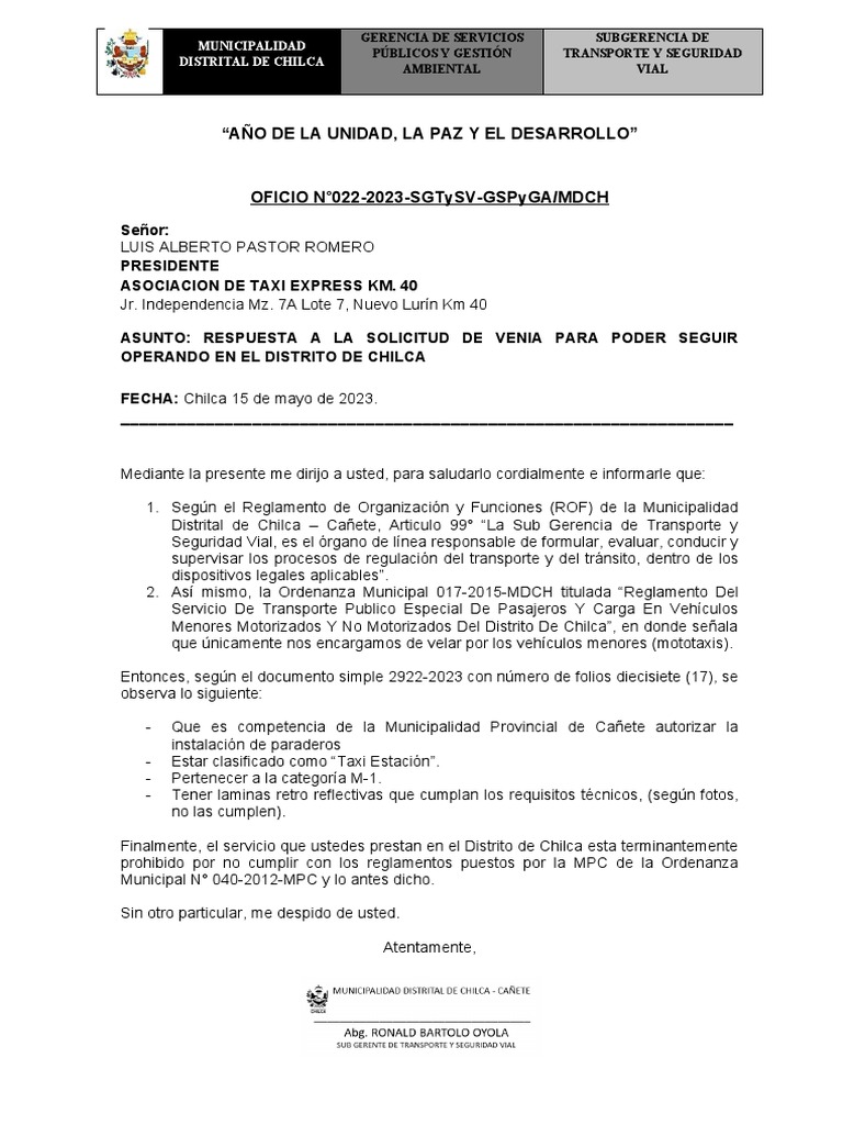 OFICIO - N°022-2023-SGTySV - ATE KM40 | PDF