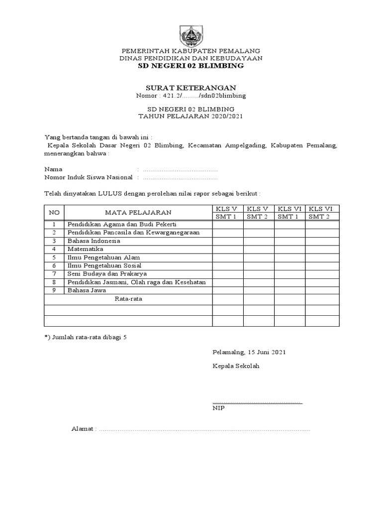Surat Keterangan Lulus SD 2021 | PDF