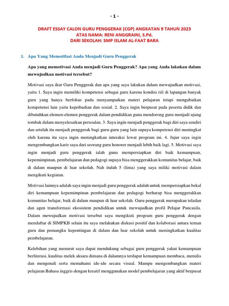 Draft Essay Calon Guru Penggerak (CGP) Angkatan 9 Tahun 2023 Atas Nama: Reni Anggraini, S.Pd ...