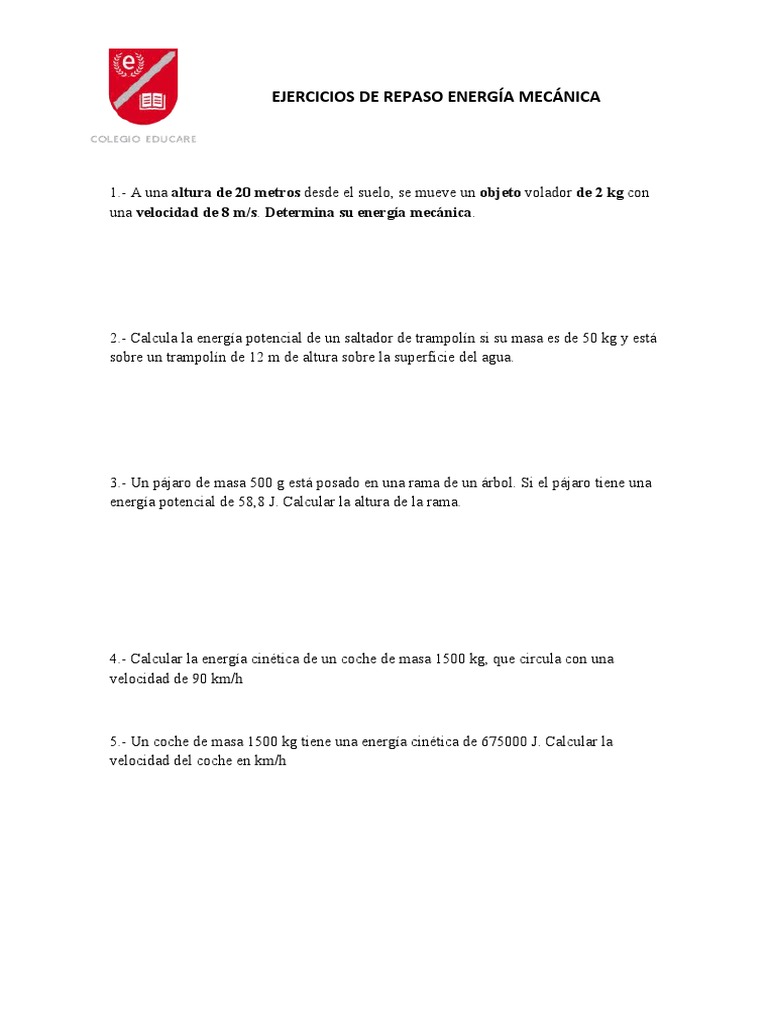 Ejercicios de Repaso Energía Mecánica | PDF