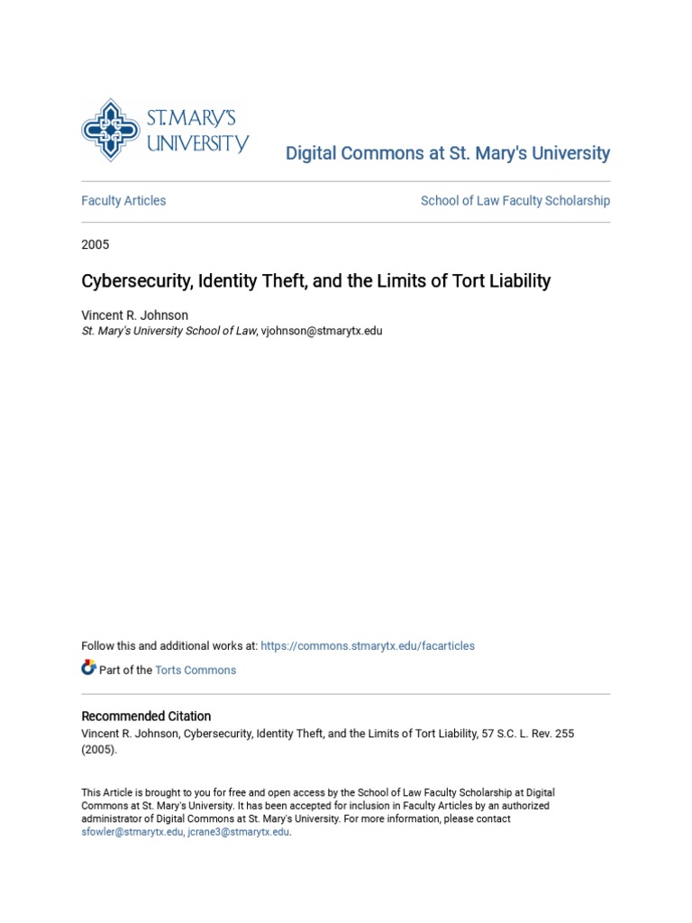 Cybersecurity Identity Theft and The Limits of Tort Liability | PDF ...