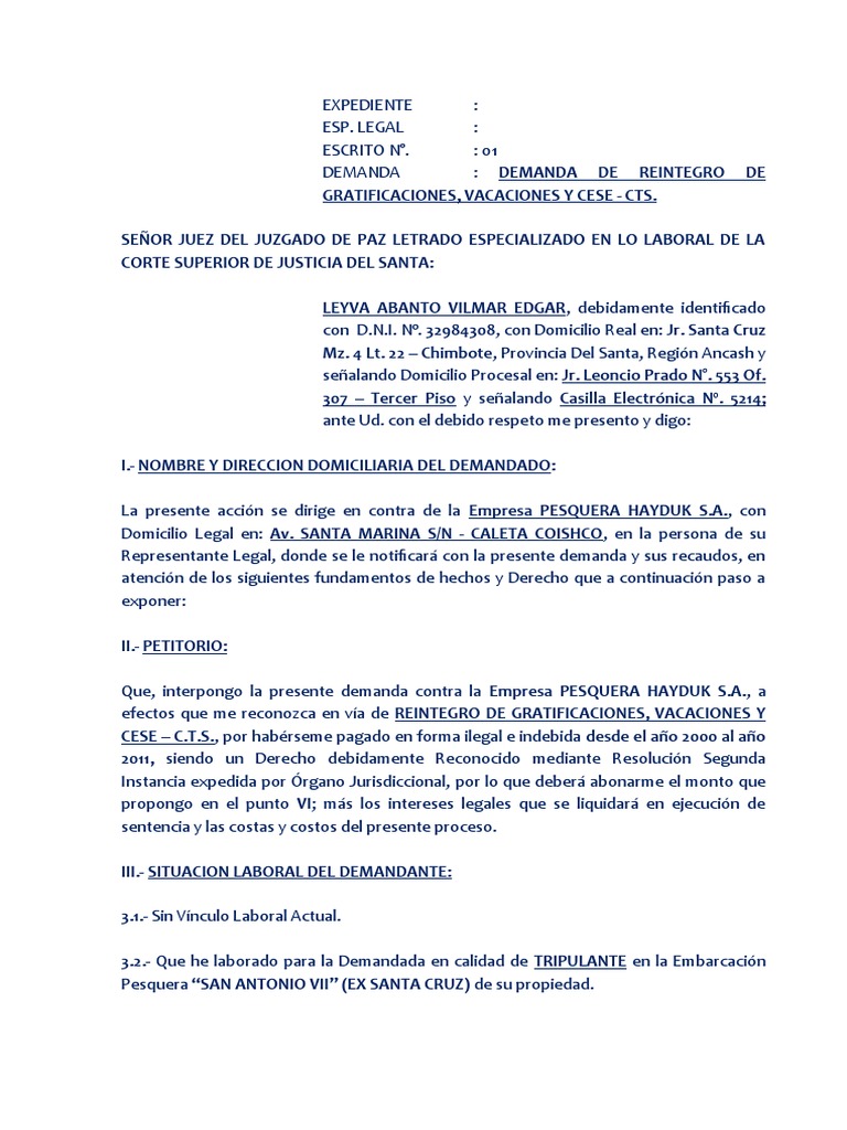Demanda de Reintegro de Gratificaciones, Vacaciones y Cese - Cts. | PDF | Demanda judicial ...