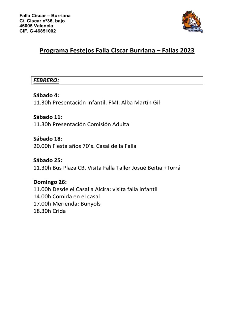 Programa Festejos Falla Ciscar Burriana 2023 | PDF | Arte