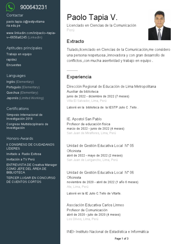 CV Paolo Tapia v.-2023 | PDF | Lima | Perú