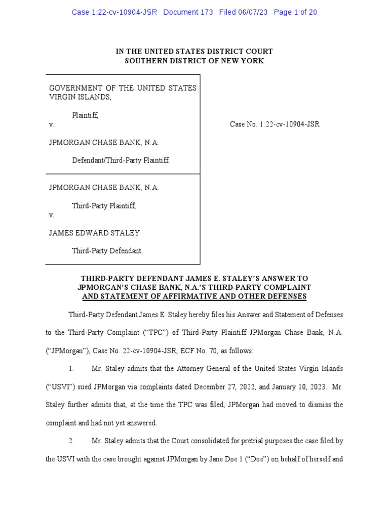 Jes Staley Response To JP Morgan Third-Party Complaint | PDF | Lawsuit ...