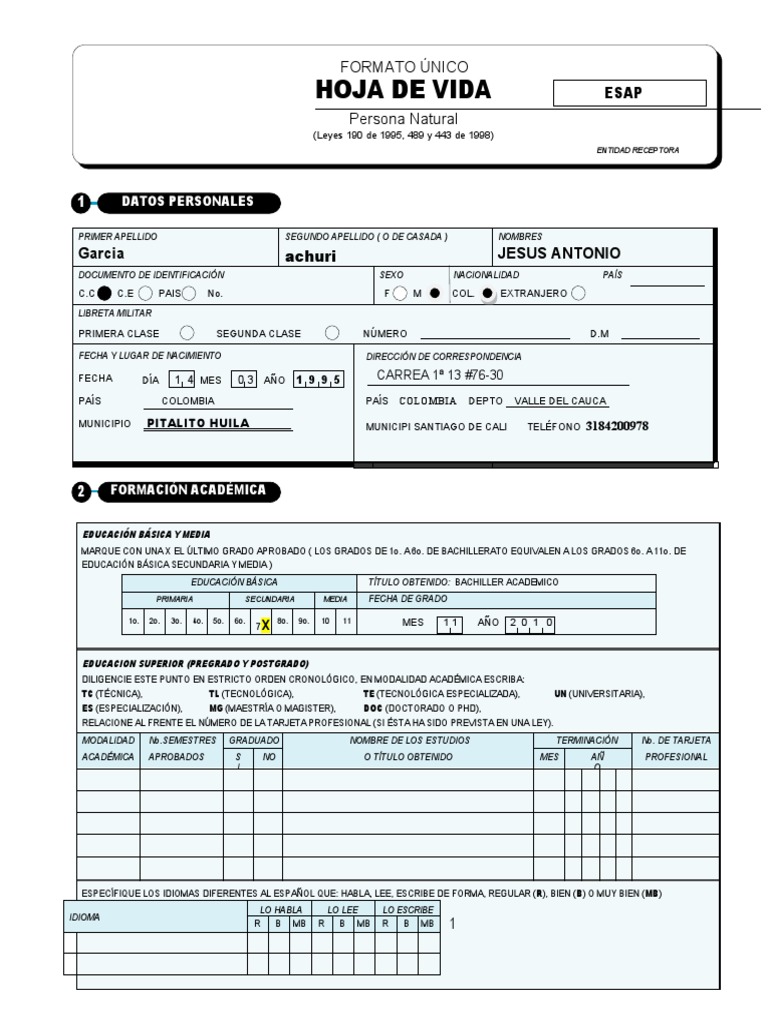Formato Unico de Hoja de Vida DAFP Tolima | PDF | Correo | Etapas ...