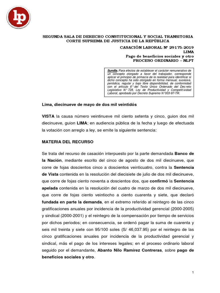 Casacion Laboral 29175 2019 Lima LPDerecho | PDF | Salario | Derecho ... Casacion Laboral 29175 2019 Lima LPDerecho | PDF | Salario | Derecho ...